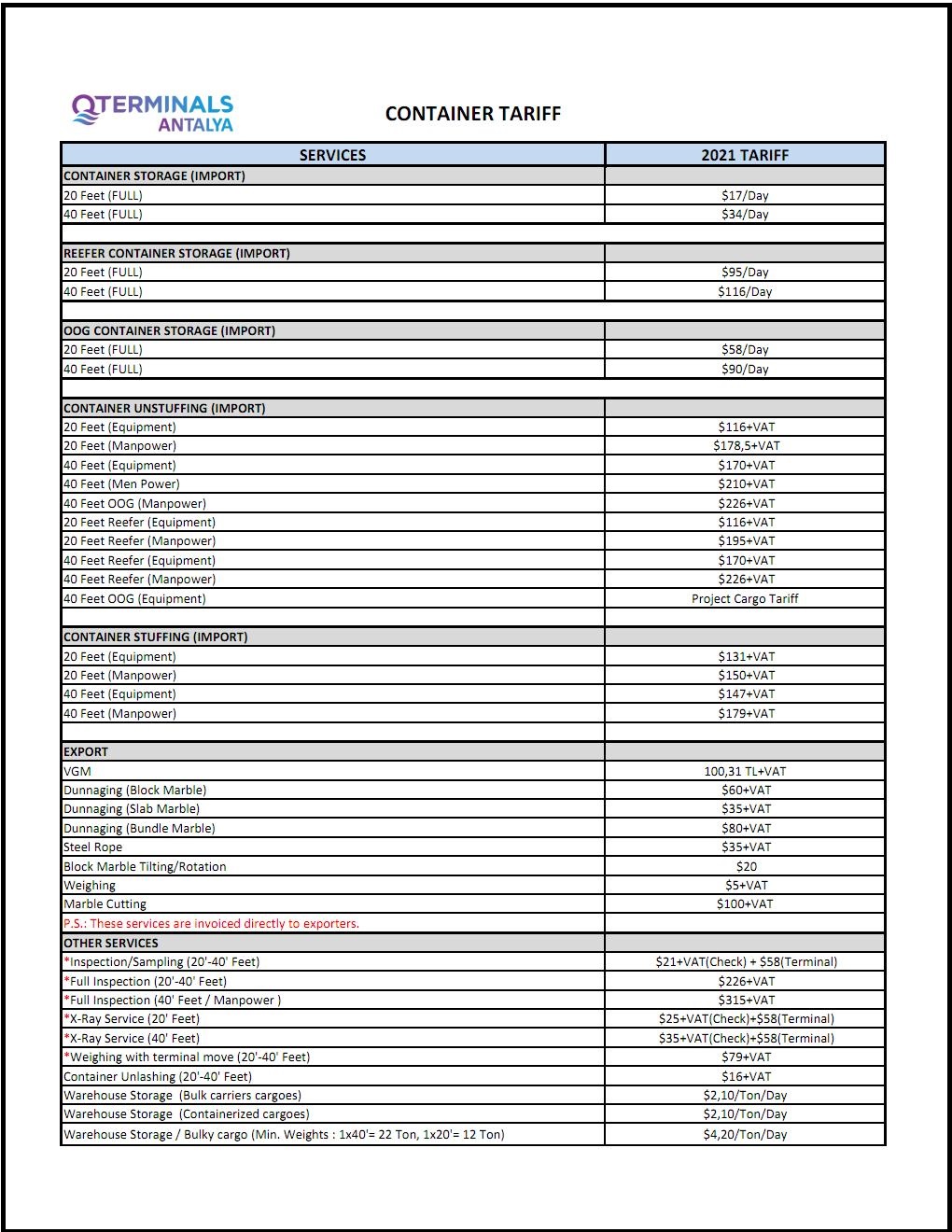 Tariff - QTerminals Antalya